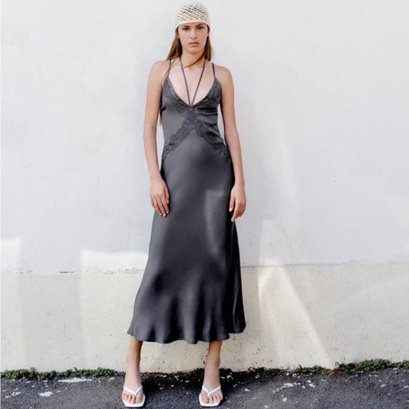 Zara | Dresses | Zara Embroidered Lace Midi Maxi Slip Dress Charcoal ...